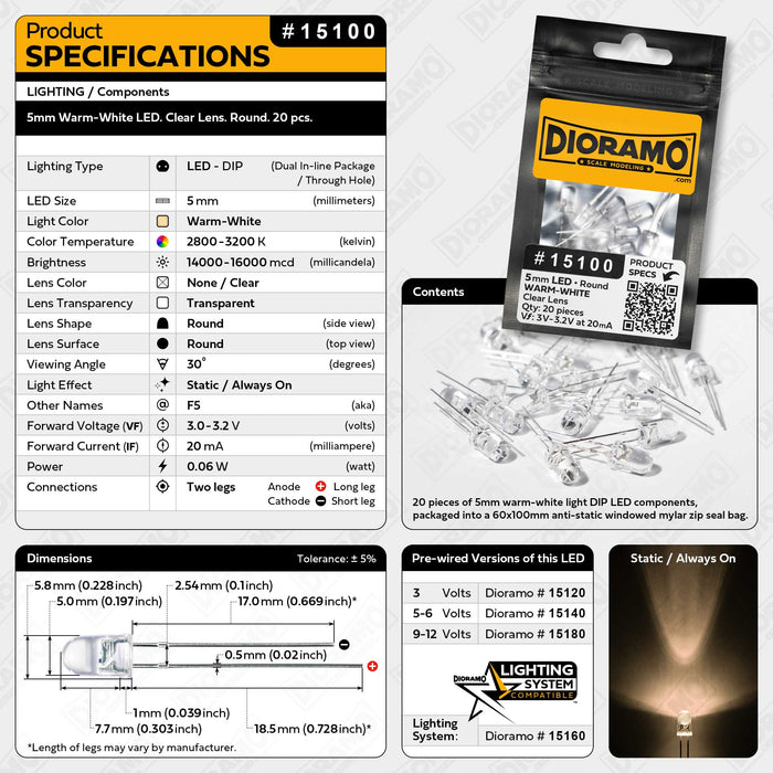 5mm LED Lights Sourcing Map 5x Pre-Wired 5mm White LEDs - DC 24V, 20cm ...