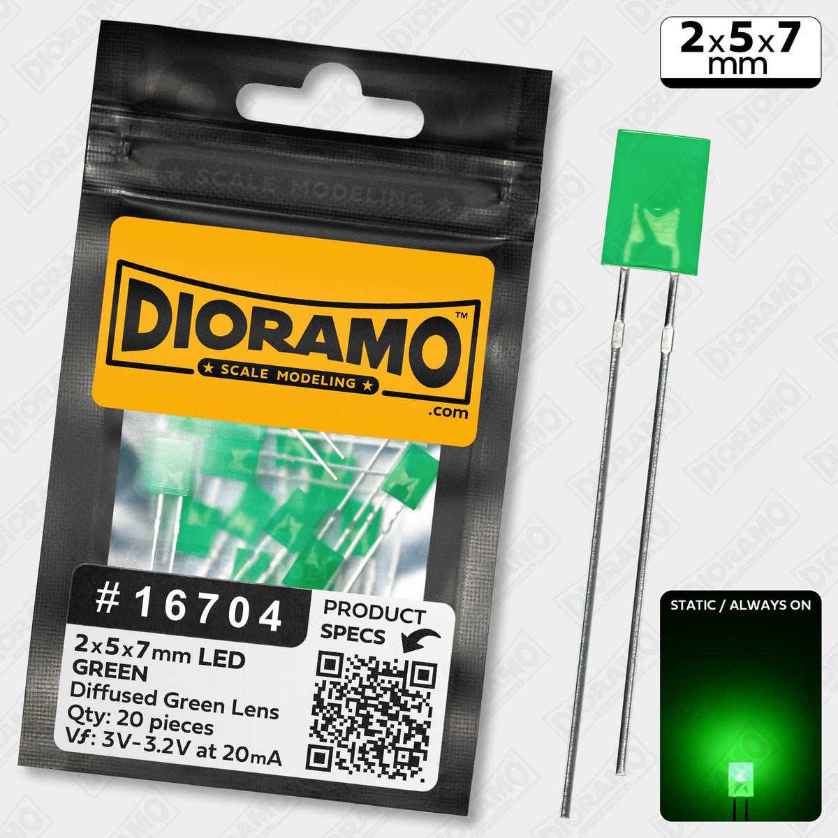 2x5x7mm Green LED. Diffused Green Lens. Rectangle. 20 pcs. — Dioramo ...