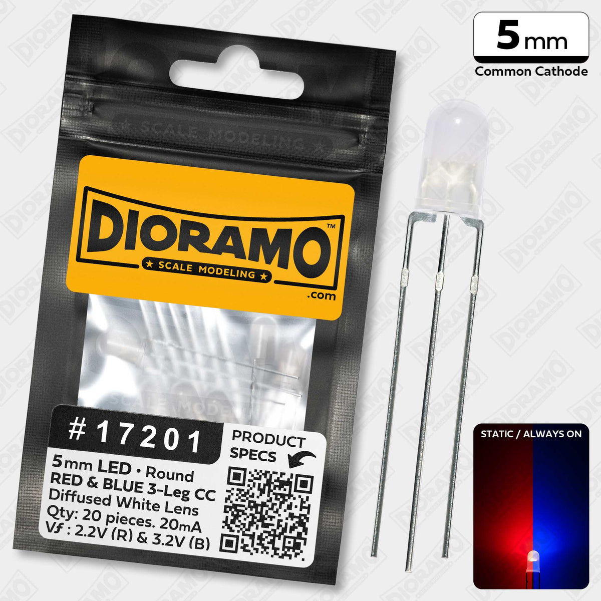 5mm Red & Blue 3-Leg CC LED. Diffused White Lens. Round. 20 pcs ...