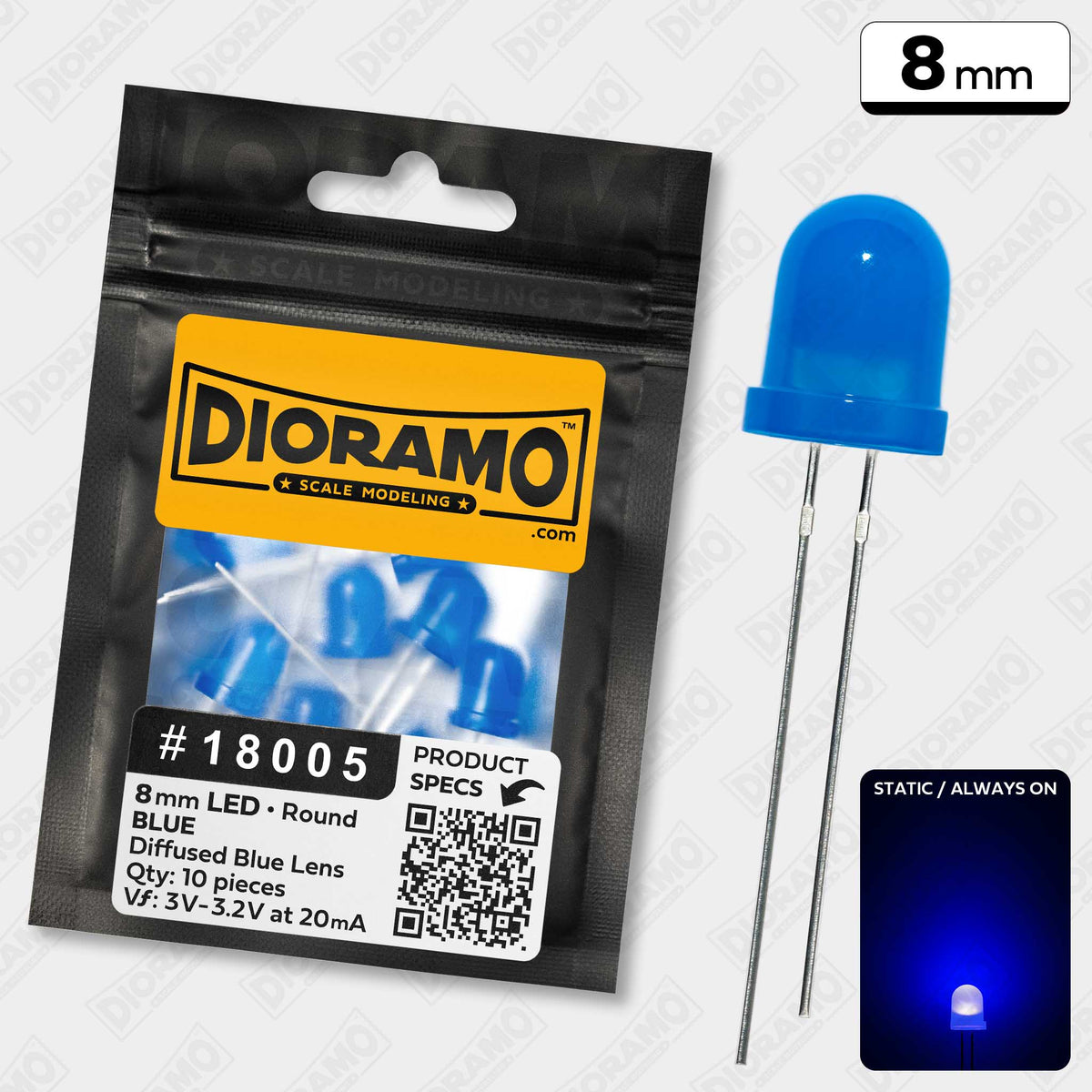 8mm Blue LED. Diffused Blue Lens. Round. 10 pcs. — Dioramo Scale Modeling