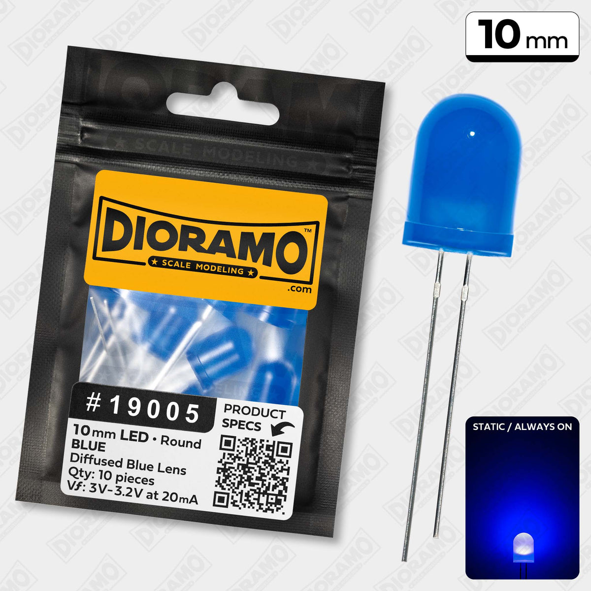 10mm Blue LED. Diffused Blue Lens. Round. 10 pcs. — Dioramo Scale Modeling