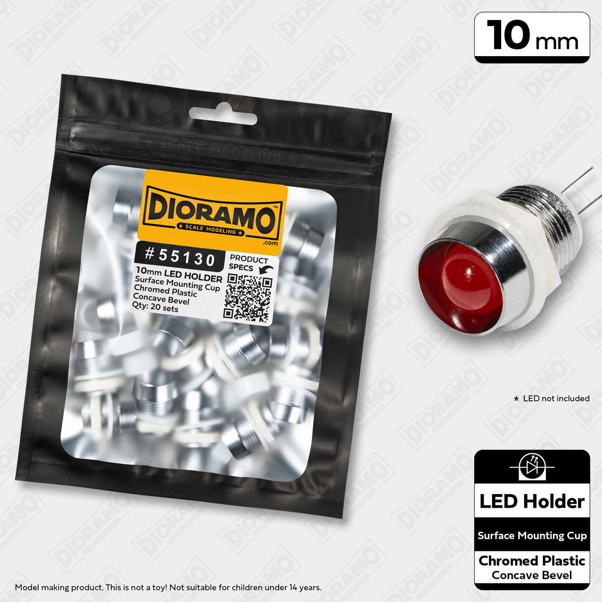 10mm LED Mounting Holder in Chromed Plastic with Concave Bevel. 20 set ...