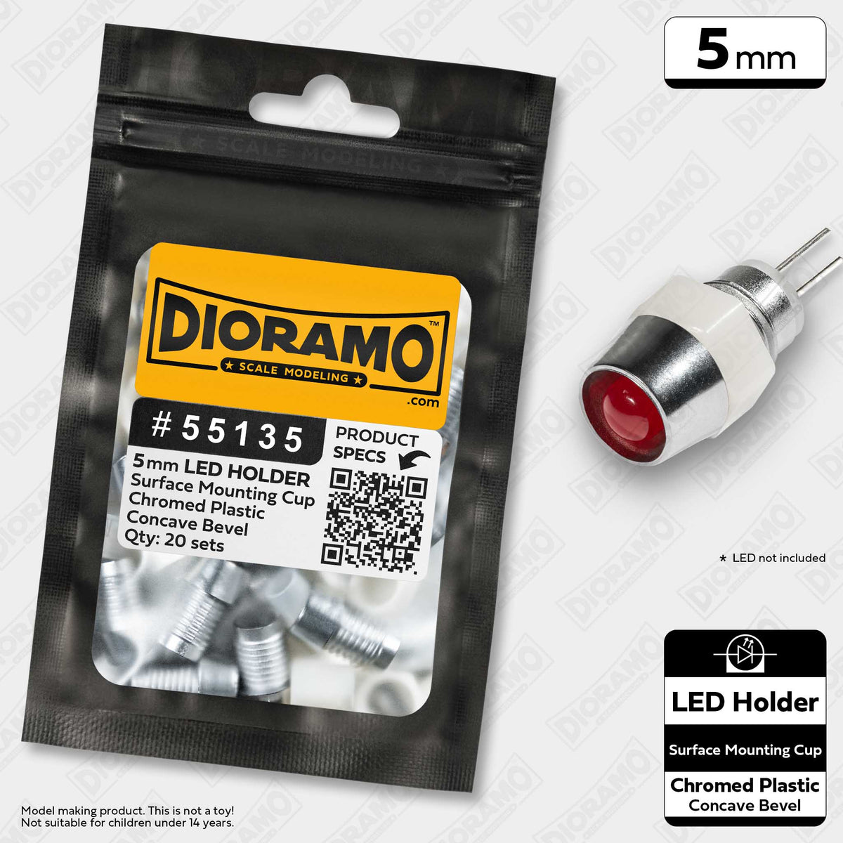 5mm LED Mounting Holder in Chromed Plastic with Concave Bevel. 20 sets ...