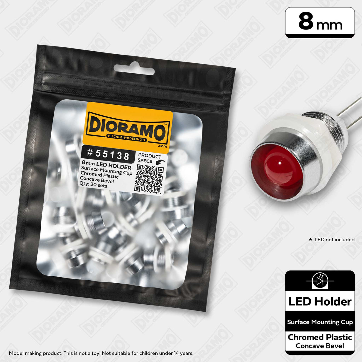 8mm LED Mounting Holder in Chromed Plastic with Concave Bevel. 20 sets ...