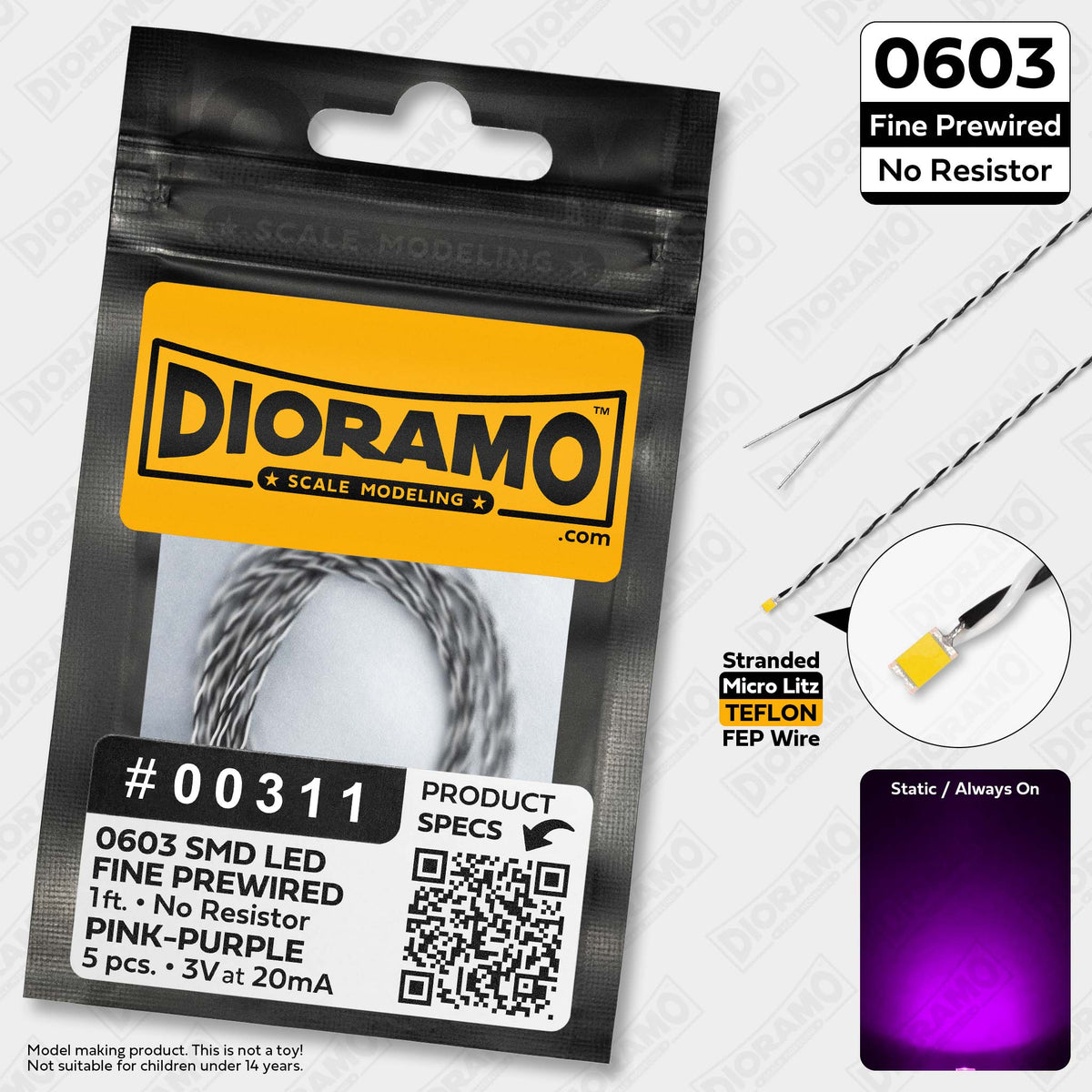 0603 Pink-Purple SMD LED. No Resistor Fine Prewired 1ft. 5 pcs. — Dioramo Scale Modeling