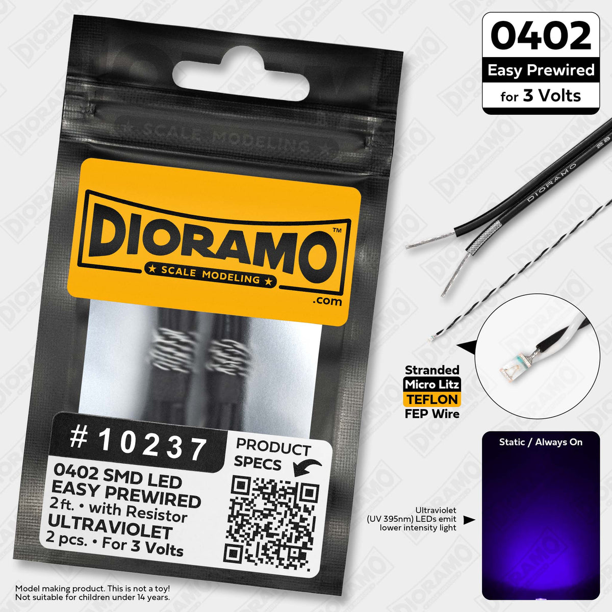 0402 Ultraviolet SMD LED. 3 Volts Easy Prewired 2ft. 2 pcs. — Dioramo ...