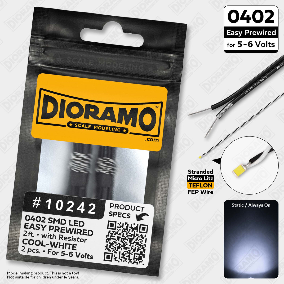 0402 Cool-White SMD LED. 5-6 Volts Easy Prewired 2ft. 2 pcs. — Dioramo Scale Modeling