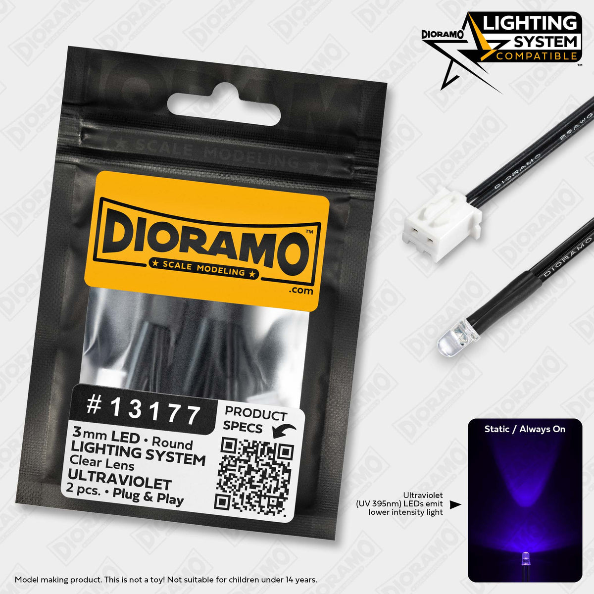 3mm Ultraviolet LED. Clear Lens. Lighting System Prewired. 2 pcs ...