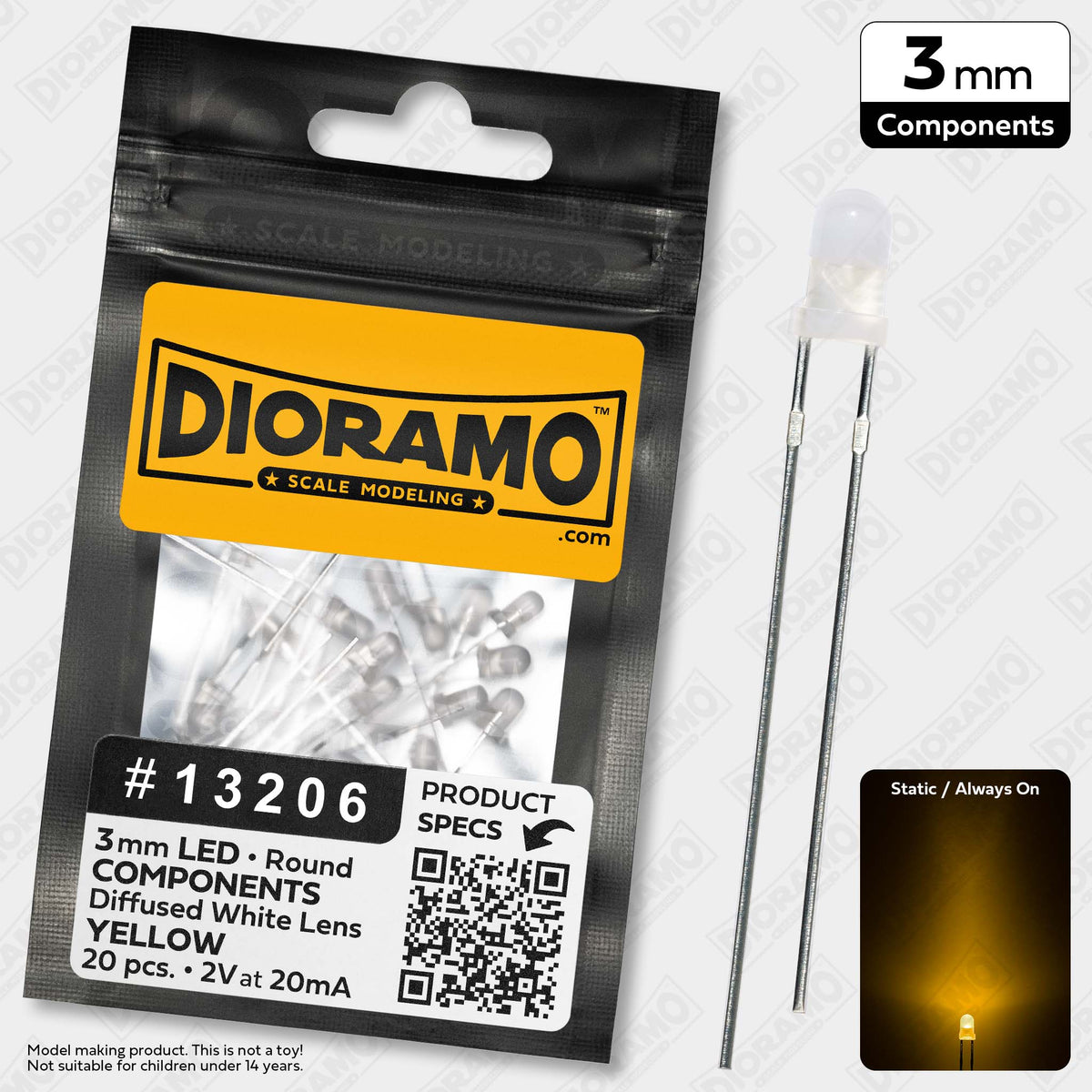 3mm Yellow LED Components. Diffused White Lens. Round. 20 pcs. — Dioramo Scale Modeling