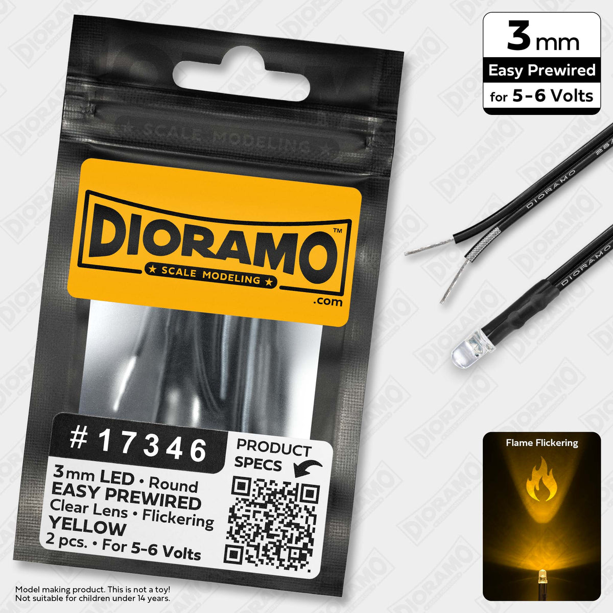 3mm Yellow Flame Flickering LED Lights. 5-6V Prewired 1ft. 2 pcs ...