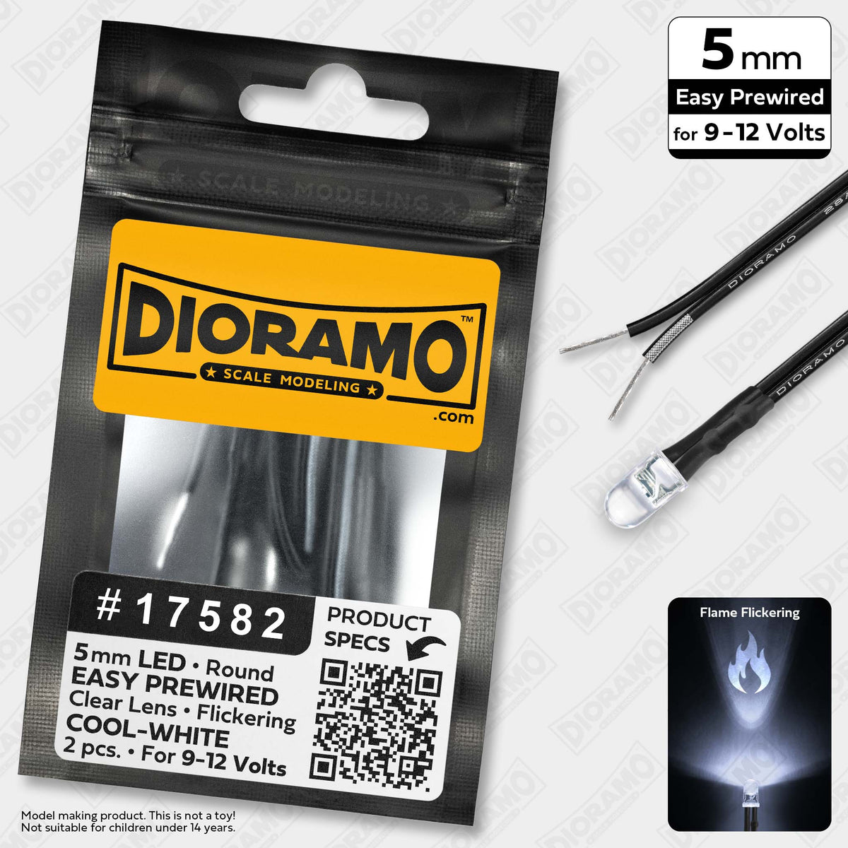 5mm Cool-White Flame Flickering LED Lights. 9-12V Prewired 1ft. 2 pcs ...