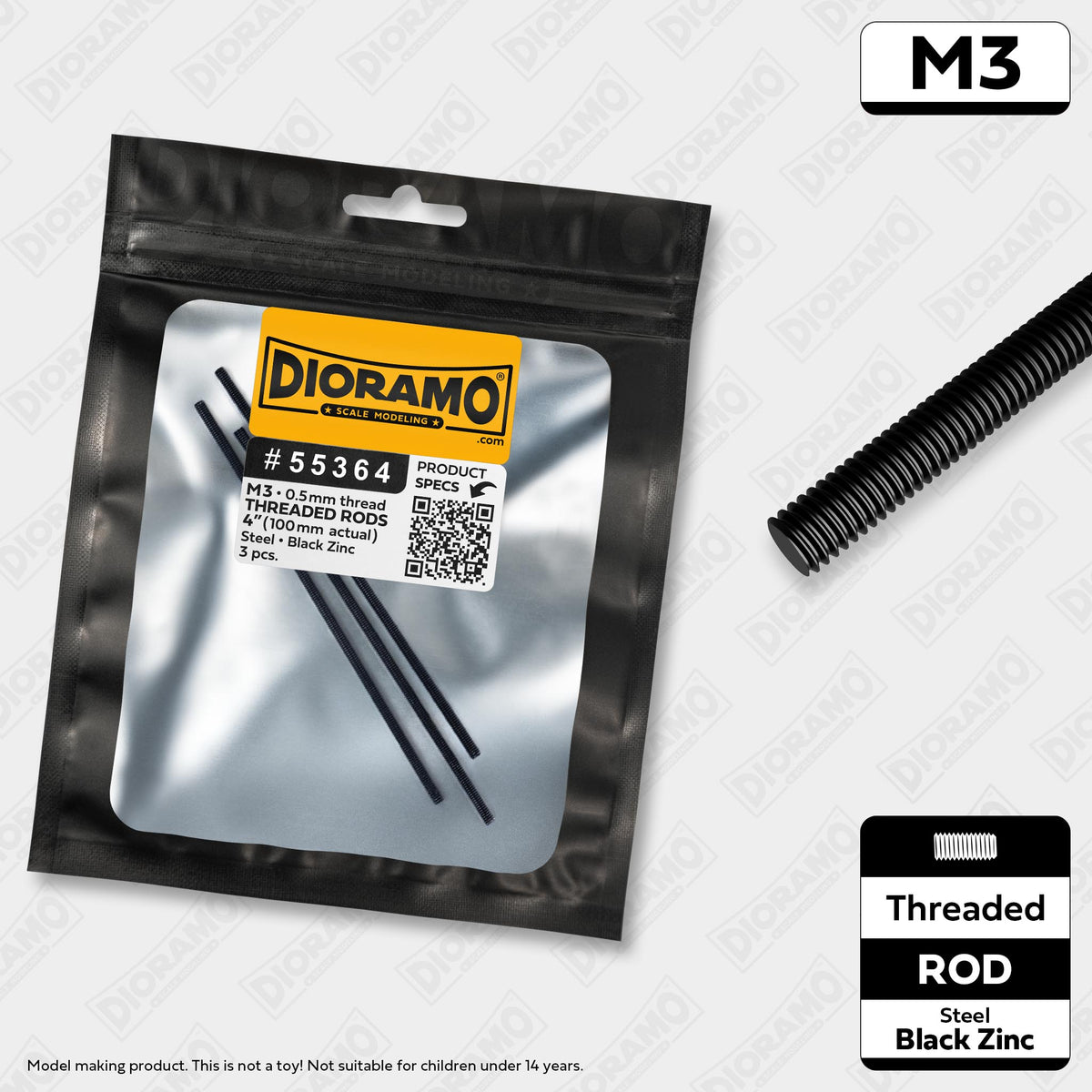 M3 Threaded Rod 4-inch. Steel with Black Zinc Finish. 3 pcs. — Dioramo ...